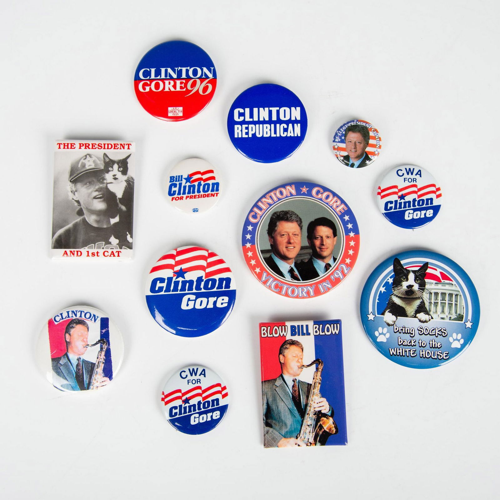 Set Of 12 Clinton, Gore & Socks 1992-96 Political Buttons Auction