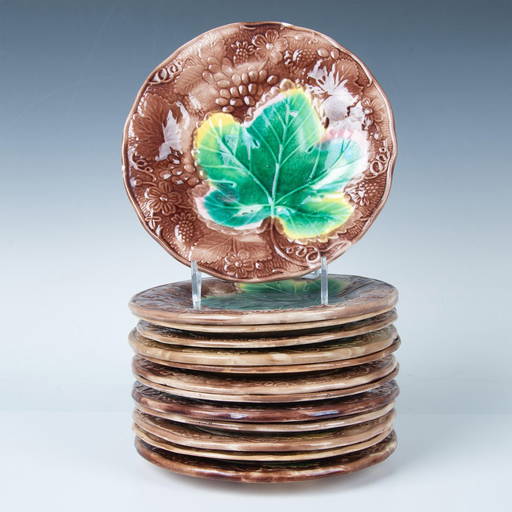 13pc Majolica Pottery Maple Leaf Plates