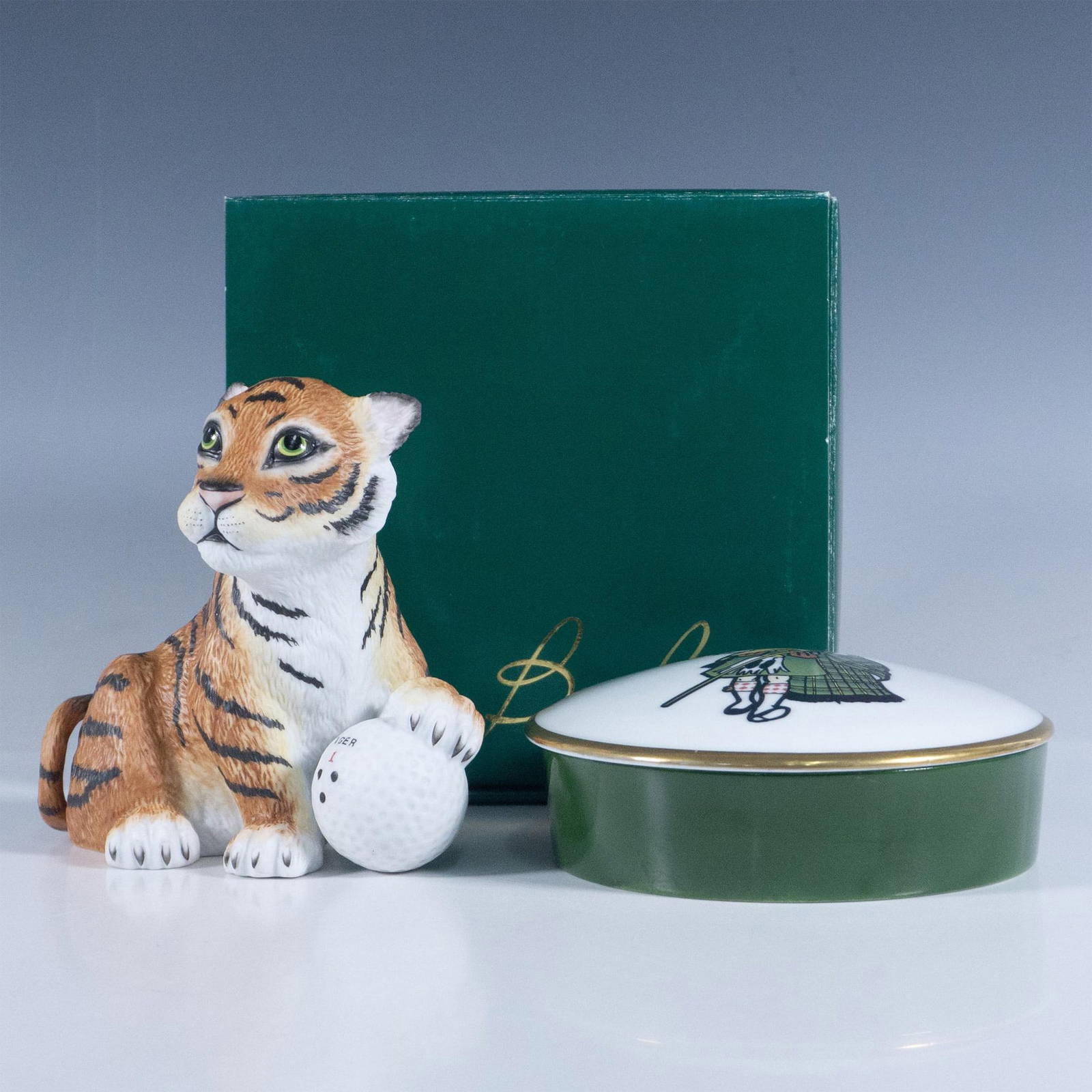2pc Boehm Porcelain, Tiger Woods And Powder Jar Auction