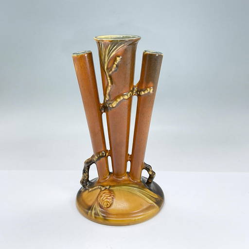Roseville Pottery Triple Bud Vase, Pine Cone, Brown