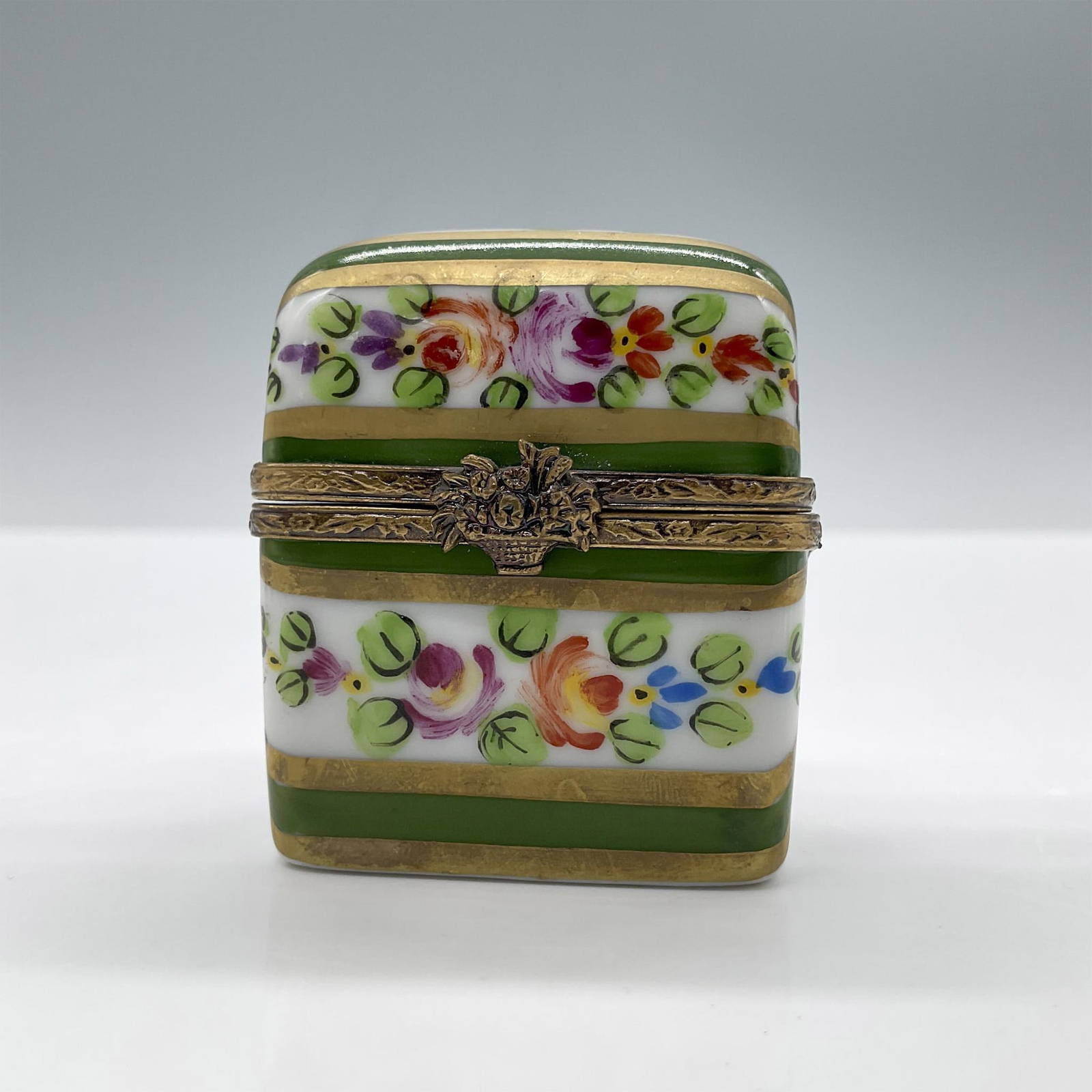 Limoges Porcelain Treasure Box, Floral Green Chest Auction
