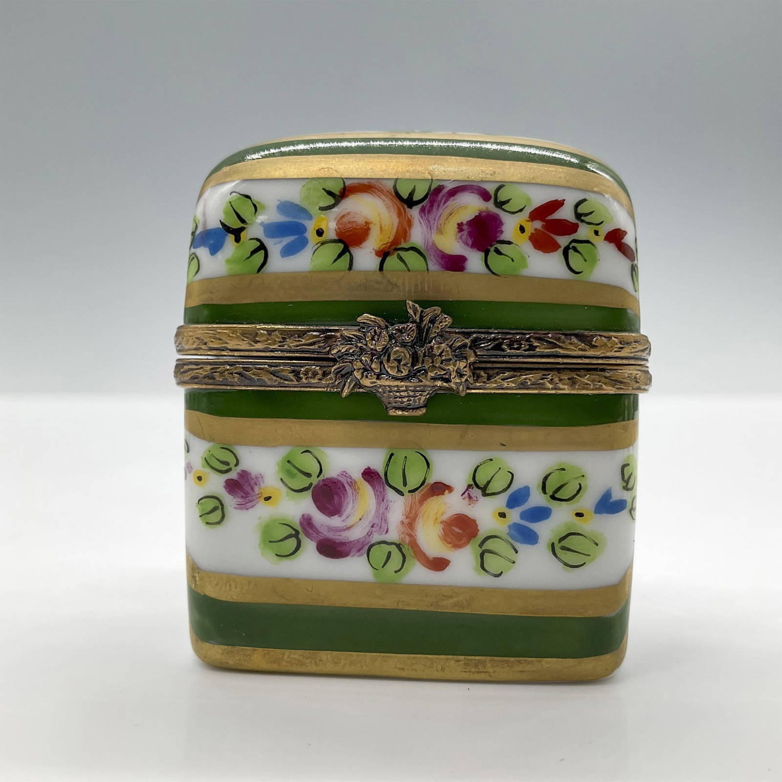 Limoges Porcelain Treasure Box, Floral Green Chest Auction