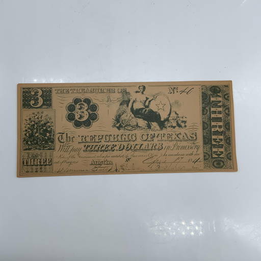 Reproduction Of Republic Of Texas Three Dollar Currency Note