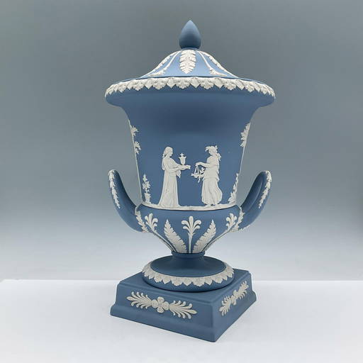Wedgwood Blue Jasperware Covered Vase, Sacrifice Figures