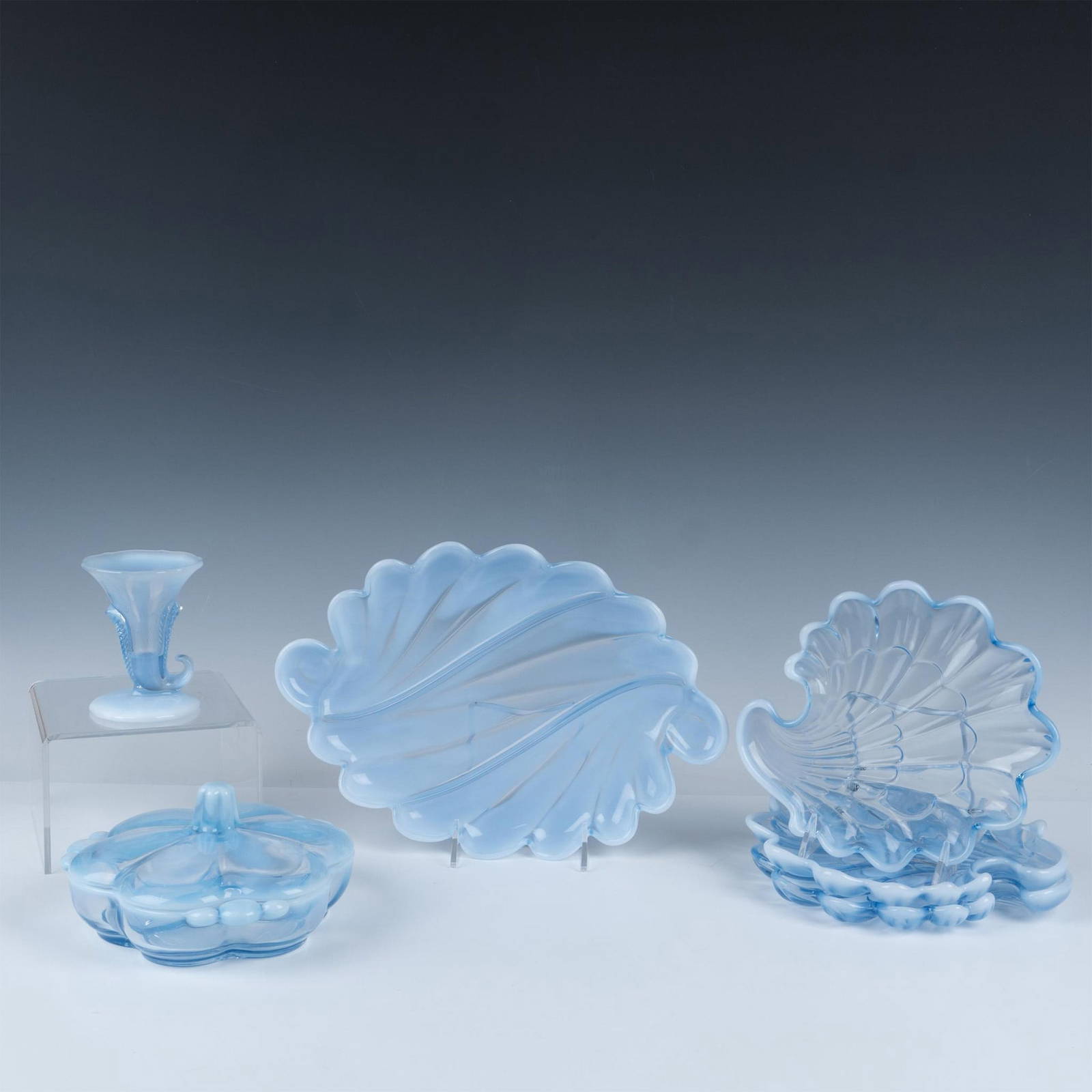6pc Duncan & Miller Blue Opalescent Tableware Auction