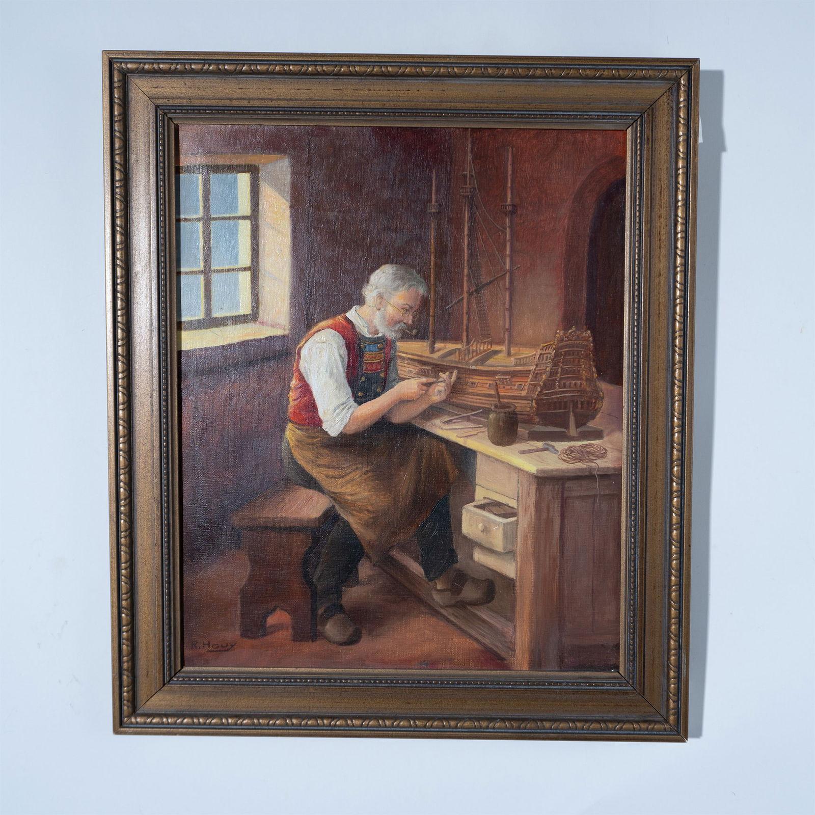 R. Houy, Original Oil On Canvas, Model Ship Builder, Signed Auction