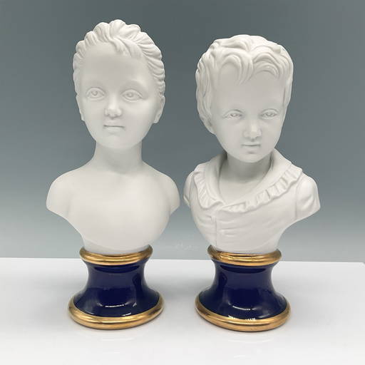 2pc Japanese Kpm Porcelain Busts On Pedestals, Boy And Girl