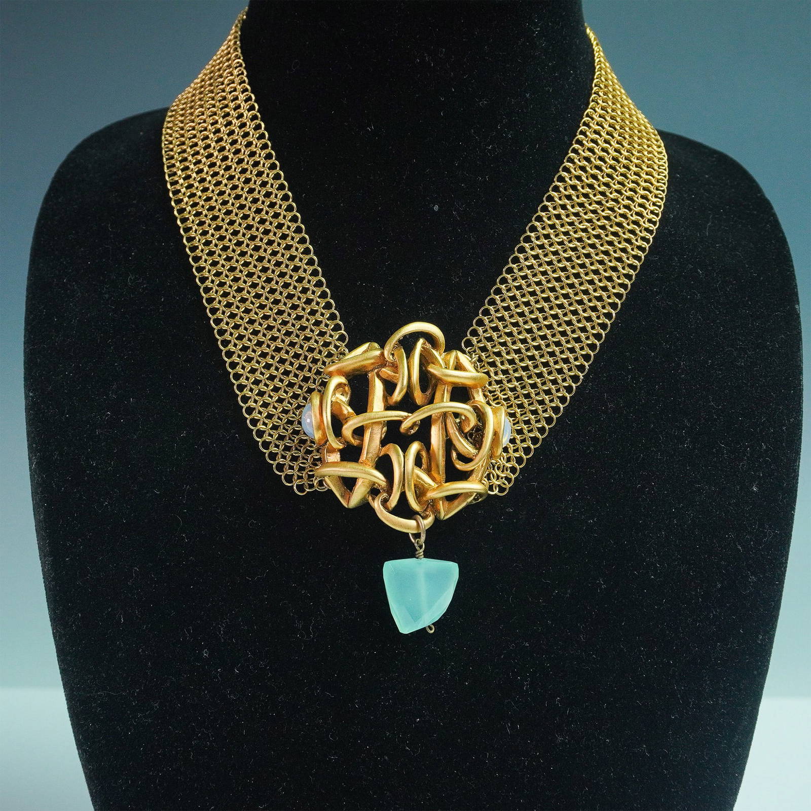 Connie Bates Collar, Gold Mesh Necklace With Abstract Pendant Auction