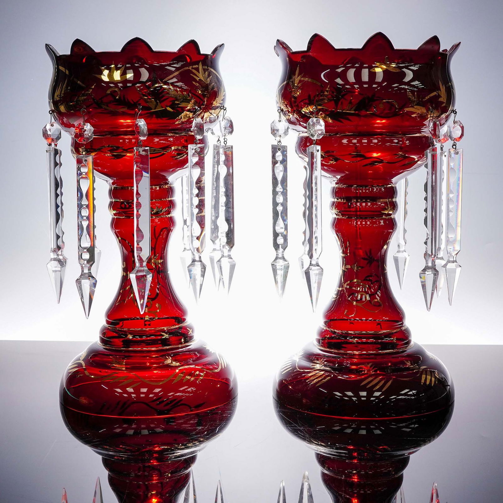 Pair Of Bohemian Ruby Cranberry Glass Mantle Lusters With Prisms - Jul ...