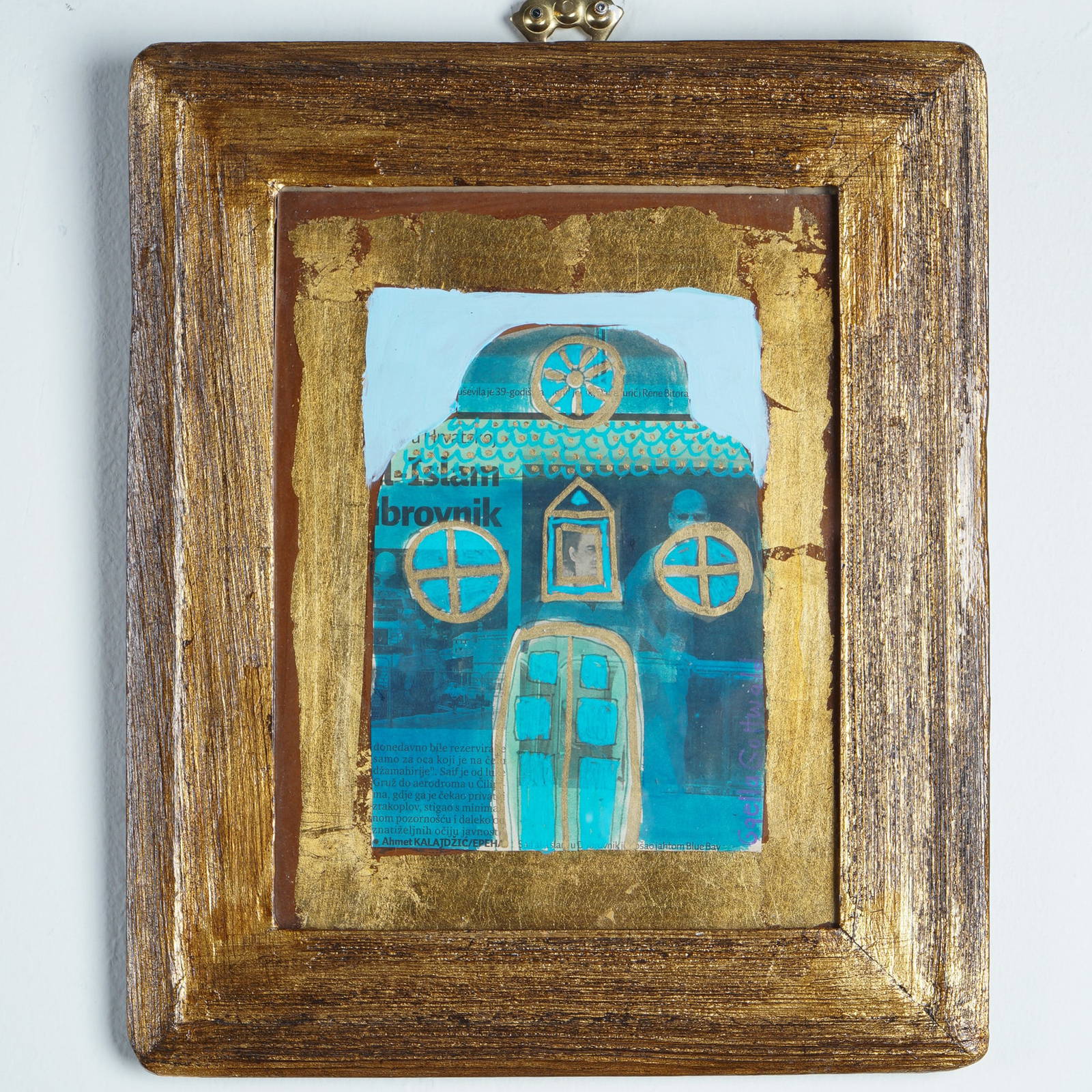 Gaella Gottwald, Mixed Media W/ Newsprints Painting, Blue House, Signed ...