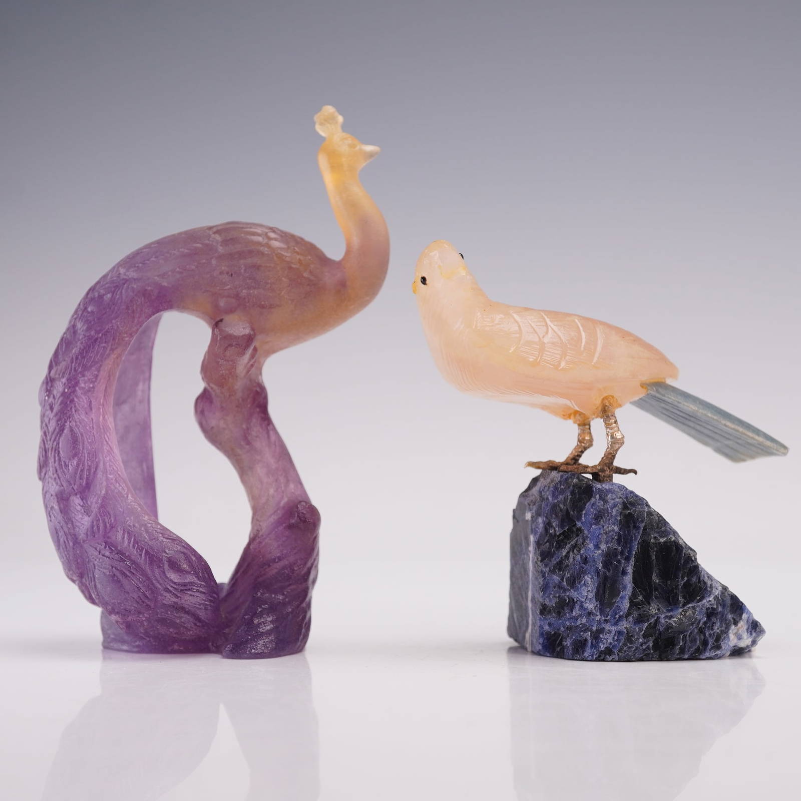 2pc Daum Crystal Amethyst Peacock Plus Carved Stone Bird Figurines Auction