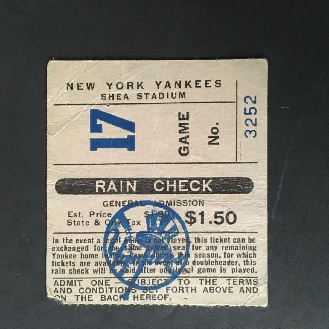 1950's/60's Yankees Shea Stadium Rain Check Ticket