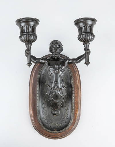 Figural Sconce, 20th C., Bronzed Metal Casting On Oblong, Profiled Oak ...