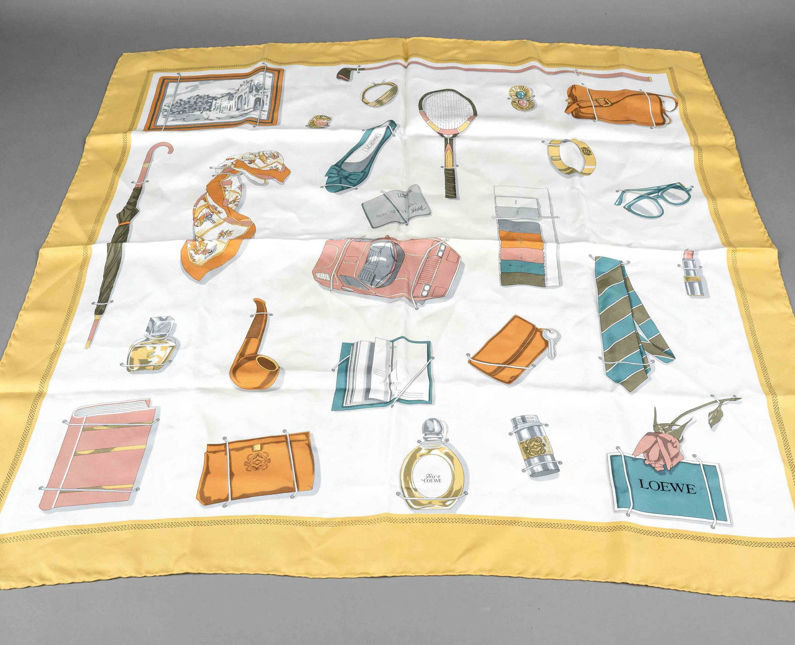 Loewe, polychrome patterned square cloth made of pure silk, rolled hem ...