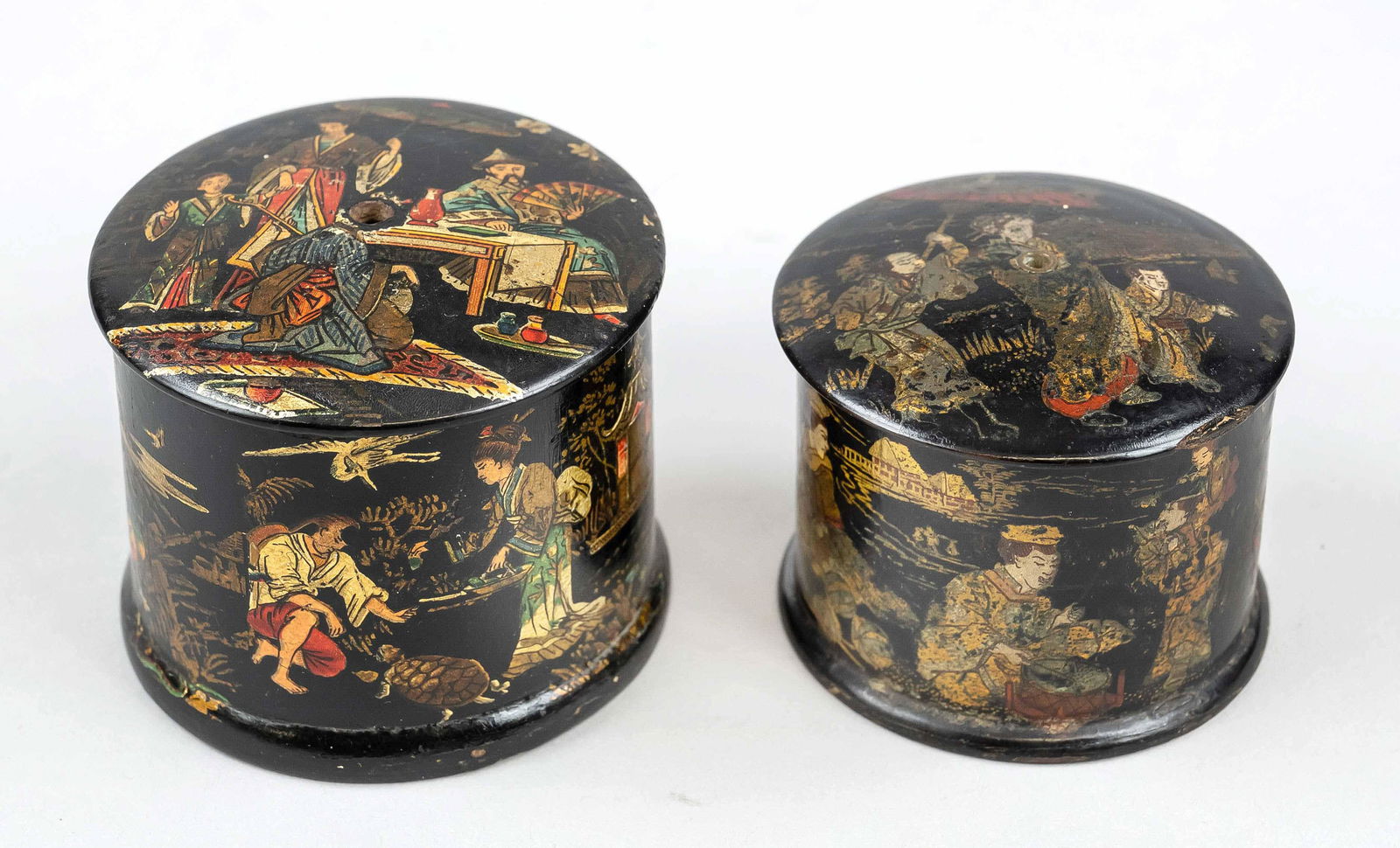Pair of yarn boxes, Japan, Meiji period(1868-1912), round black lacquer ...