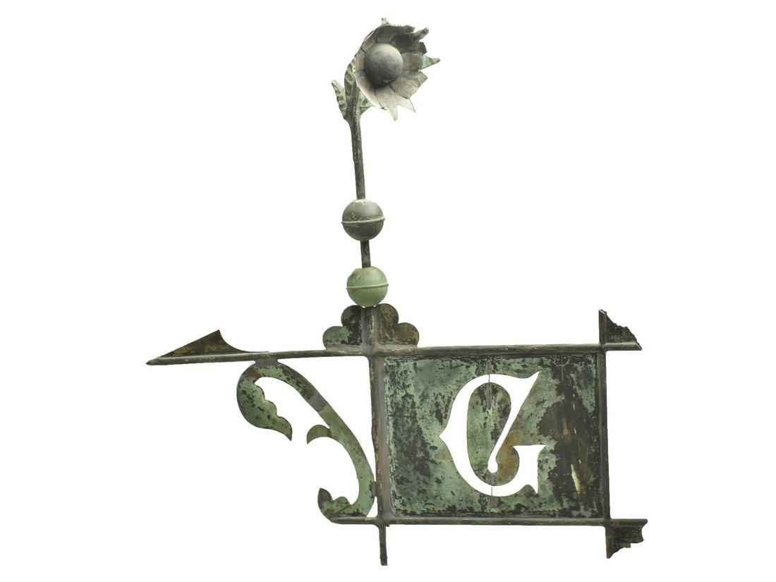 “g” Bannerette Weathervane With Sunflower, 19th Century. Auction