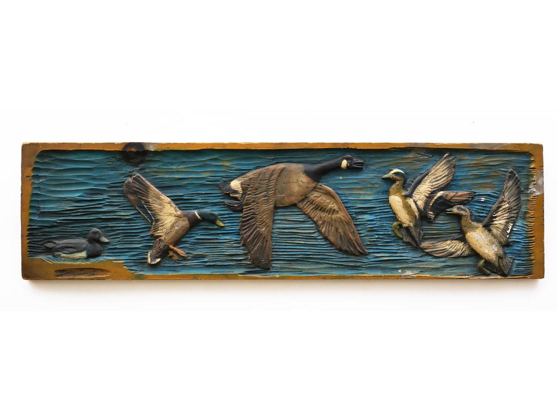 Relief Carved Wooden Plaque With Ducks And Geese. Auction