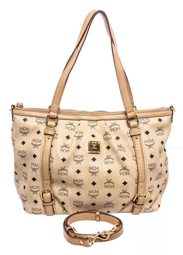 Mcm Cream Coated Canvas Visetos Medium Tote Bag