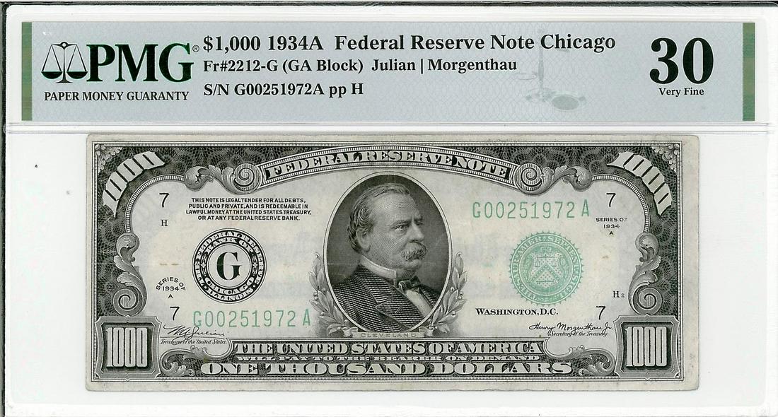 1934a $1000 Federal Reserve Bank Note Chicago Pmg 30 Very Fine