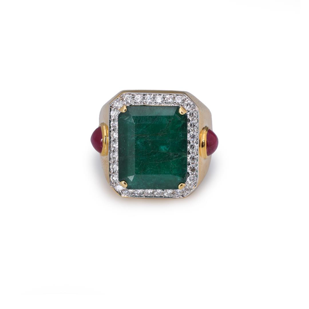 Large 18k Yellow Gold Emerald Ruby & Diamond Ring By Victor Loo
