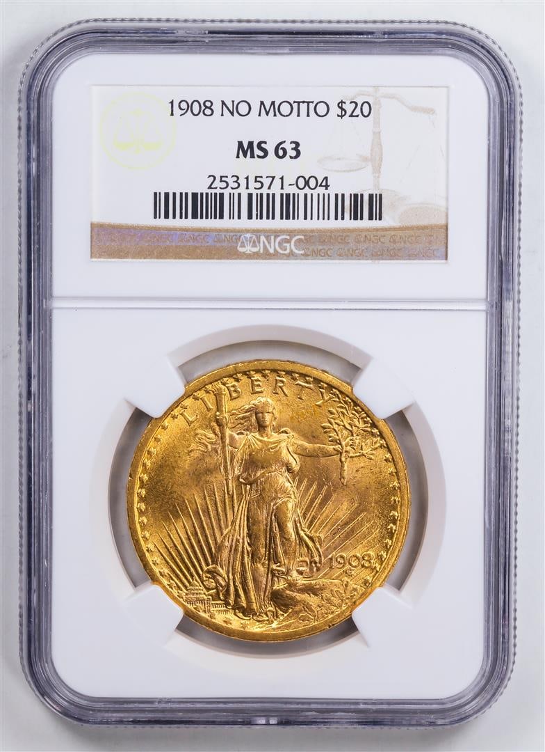 1908 $20 No Motto Double Eagle Gold Coin Ngc Ms63 Auction