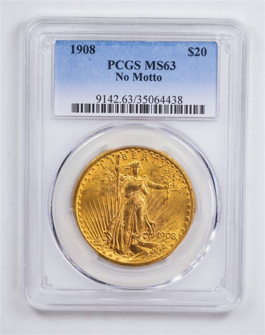 1908 $20 No Motto Double Eagle Gold Coin Pcgs Ms63 Auction