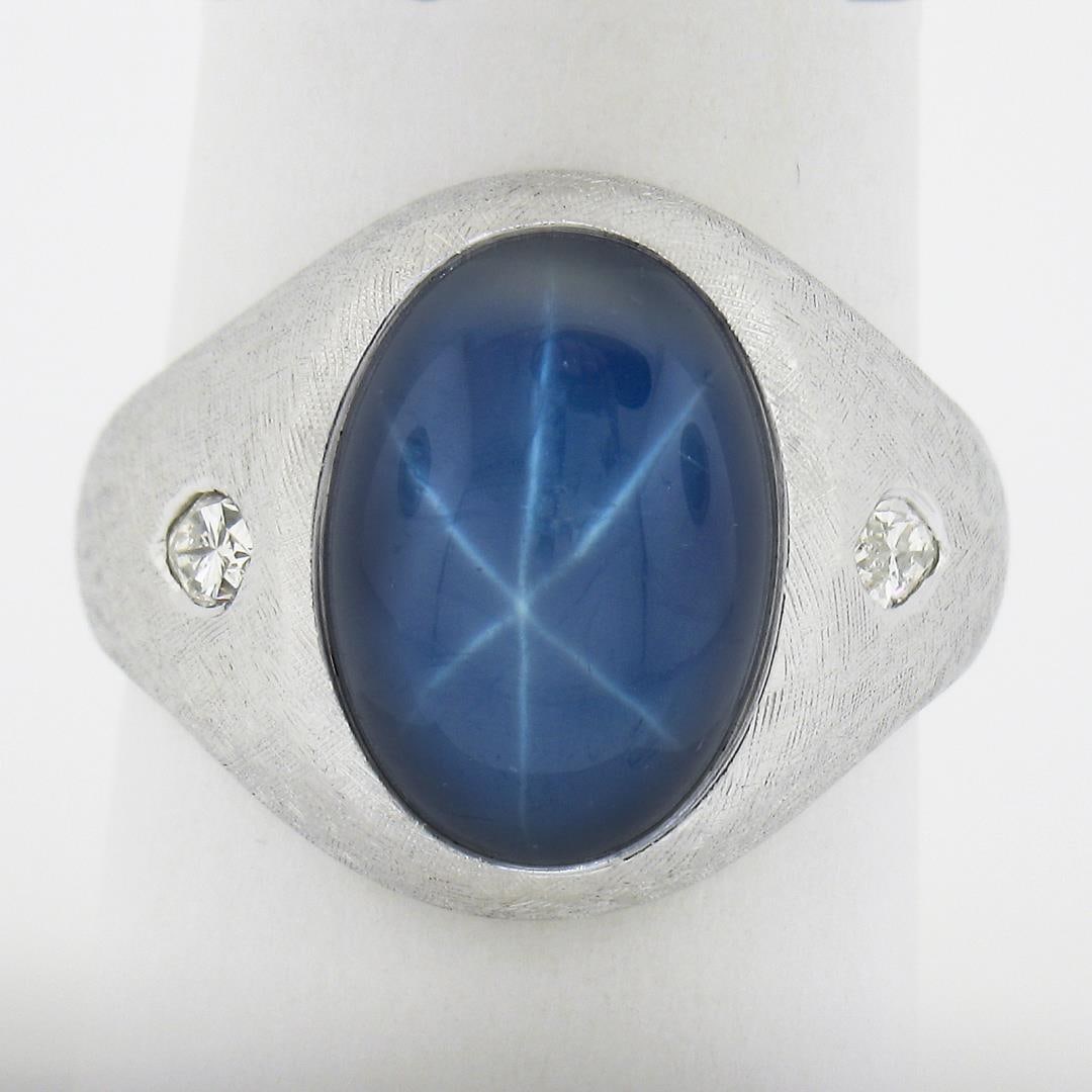 Mens 14k White Gold Linde Blue Star Sapphire & Diamond Florentine Work ...