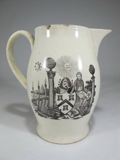 Antique English Masonic Pottery Creamware Pitcher