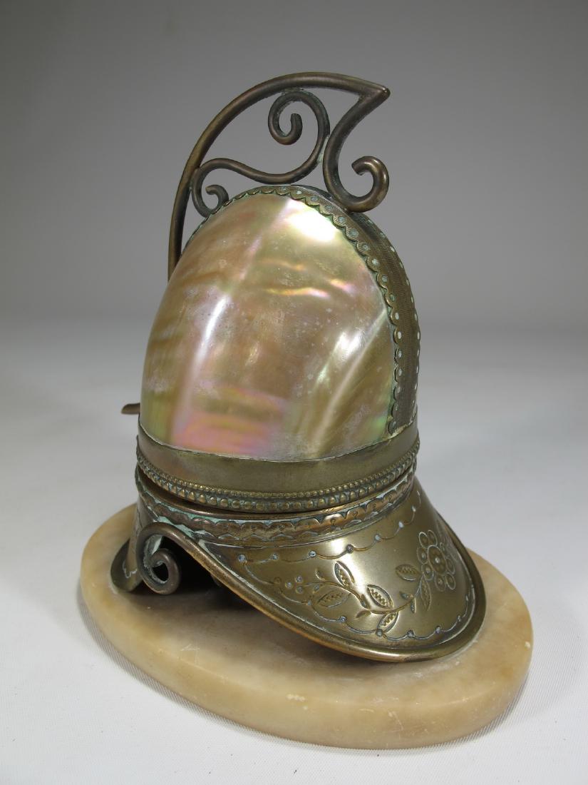 Antique bronze, abalone & alabaster helmet inkwell