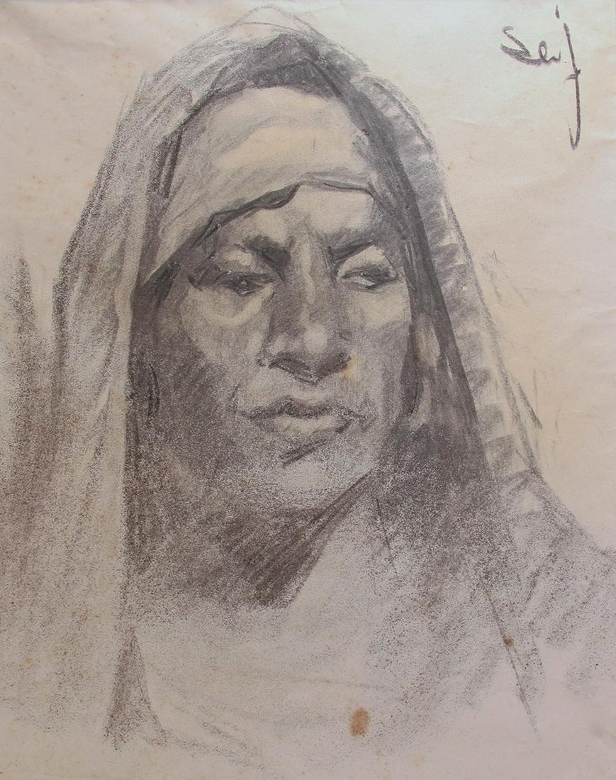 Seif Wanly (1906 1979) Egyptian Artist Charcoal