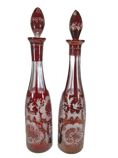 2 Similar Antique European Ruby Red Glass Decanter
