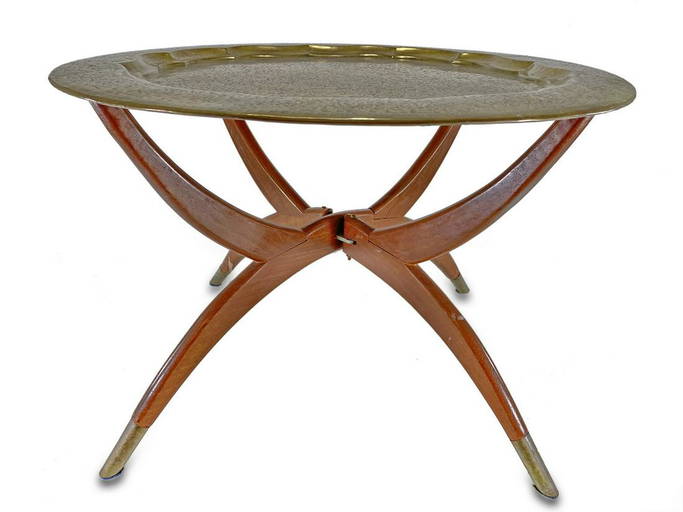 Vintage Engraved Brass & Folding Wood Base Table