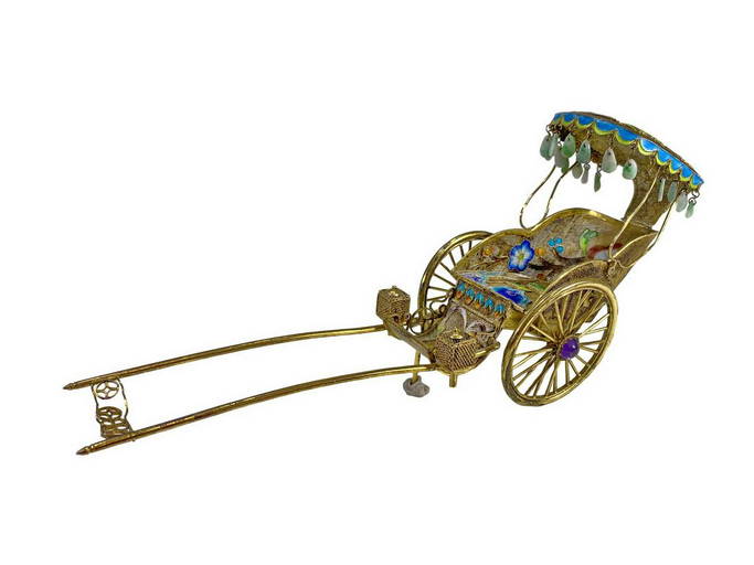 Antique Chinese Export Silver & Enamel Miniature Rickshaw