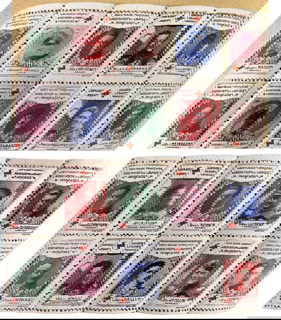 20 Stamps Of Grand Aviateurs Allies, Croix Rouge Francaise Auction
