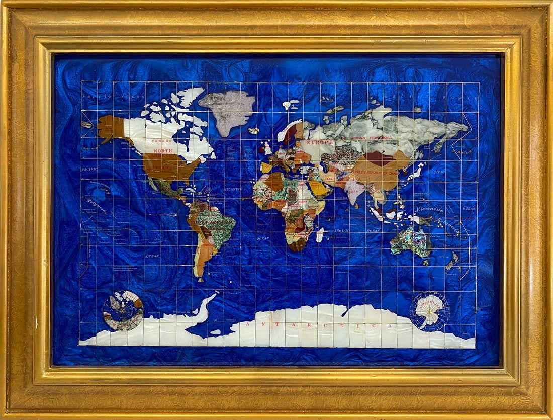 Handcrafted Gemstones Framed World Map