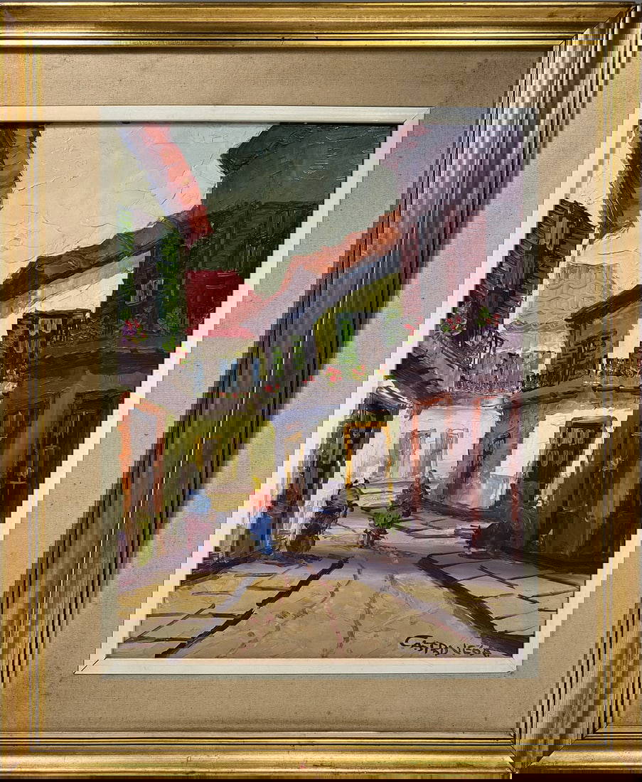 Old Spanish Oil On Board Painting, Signed Auction