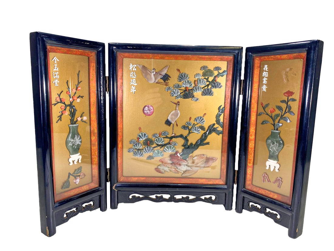 Chinese 3 Panels Wood & Natural Stones Small Folding Screen Auction