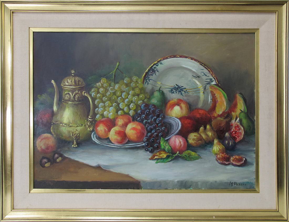 Signed M. Pozzi Still Life Oil On Canvas Painting Auction