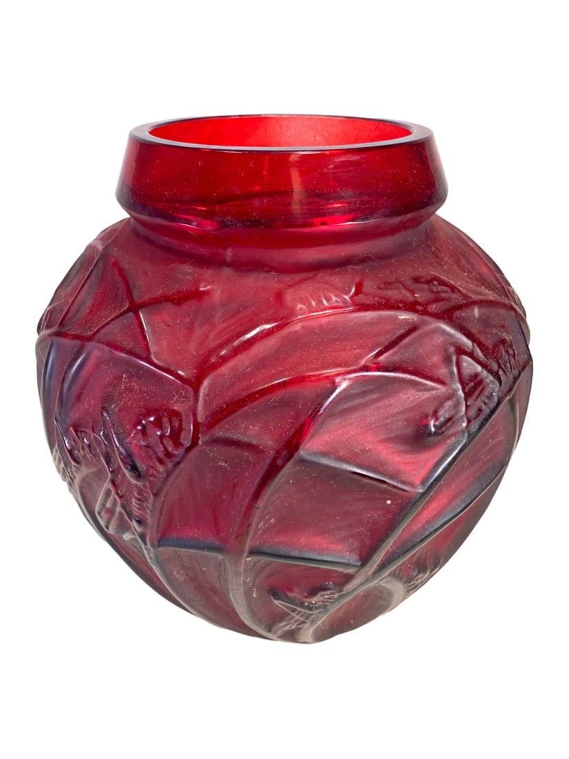 Signed R. Lalique Sauterelles Grasshopper Glass Vase Auction