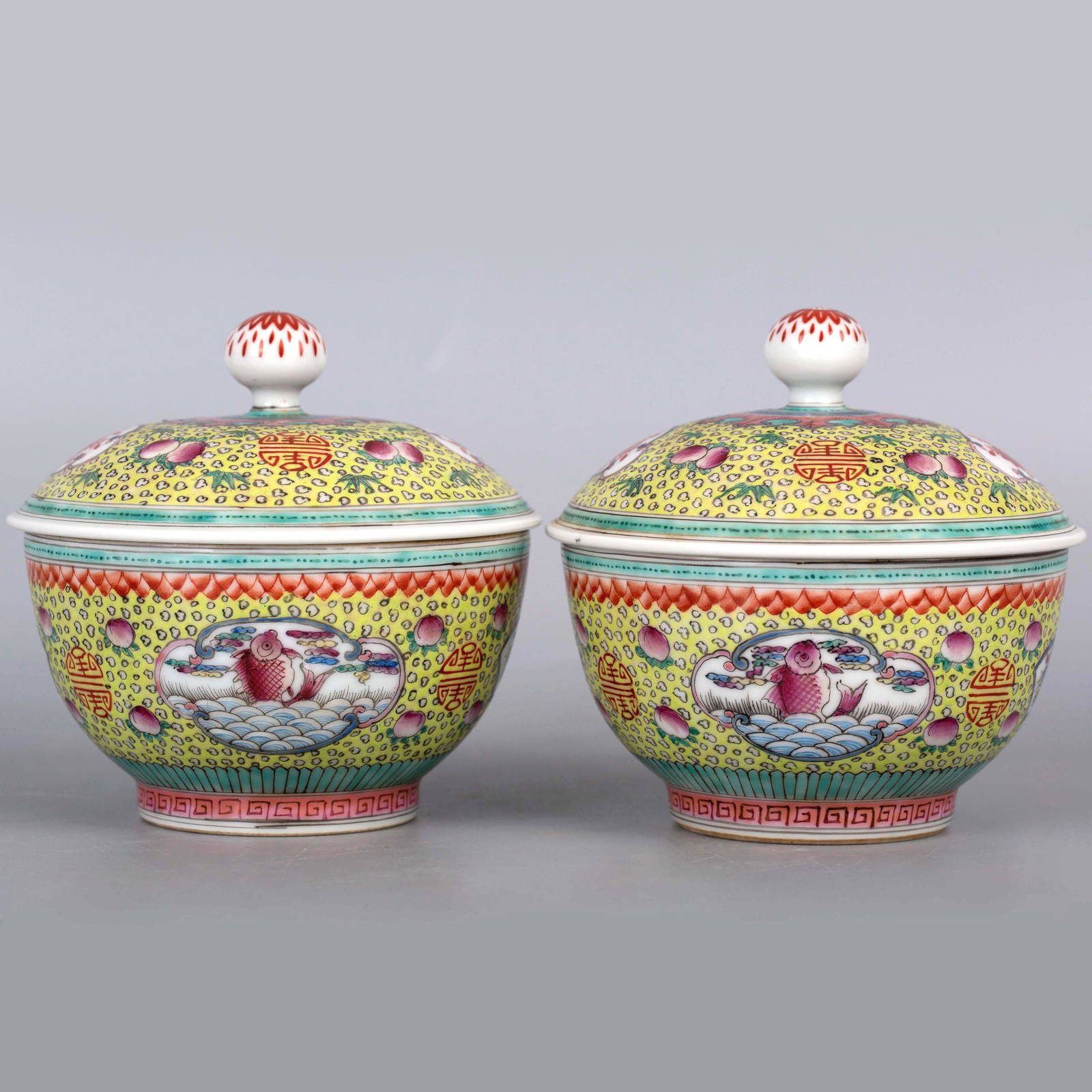 Pair Of Four Consecrated Famille Rose Shou Pattern Bowls With Daqing ...