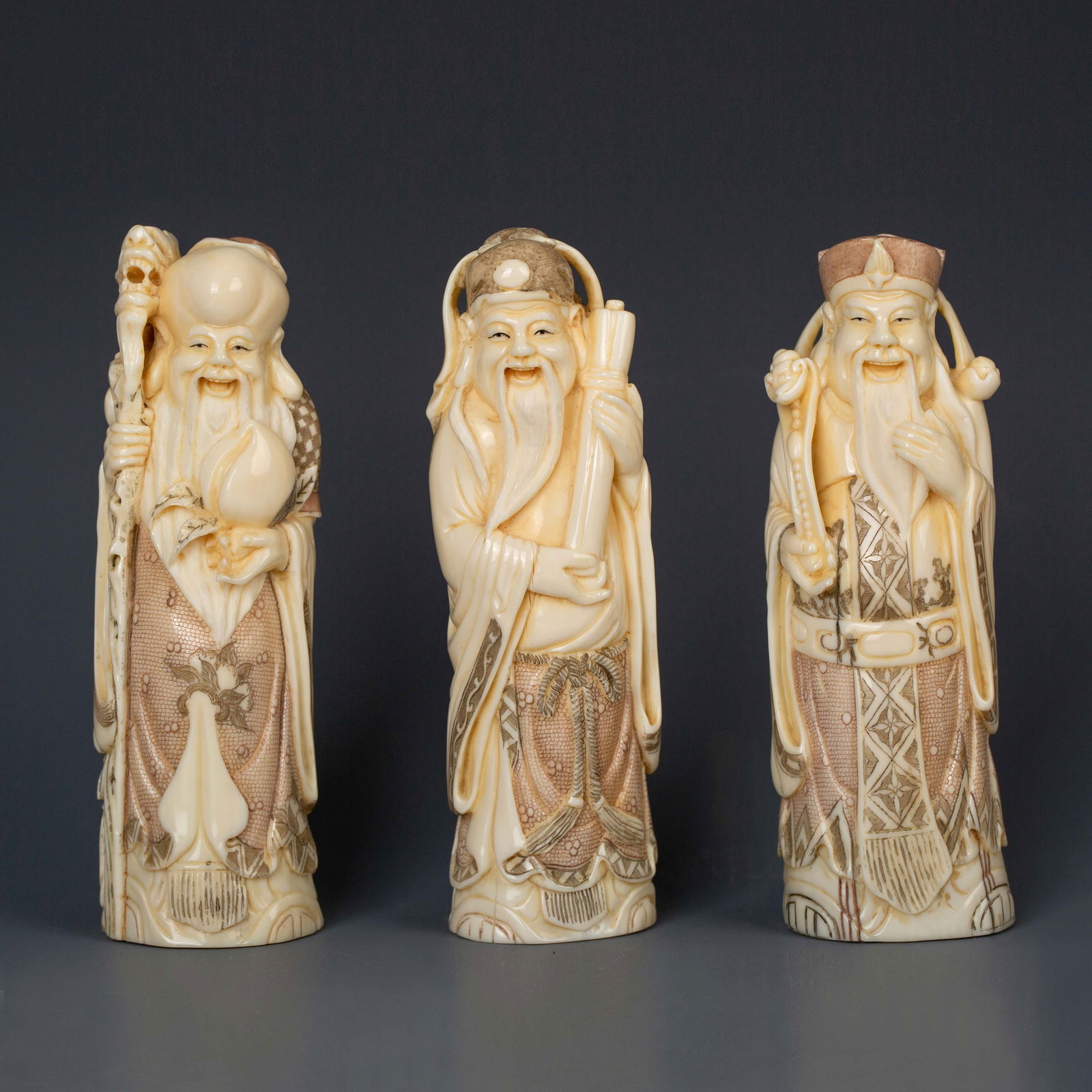 Bone Carved Fu Lu Shou Figurines Auction