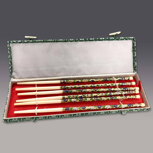 Cloisonné Enamel Fine Bone Carving Chopsticks 20th Century
