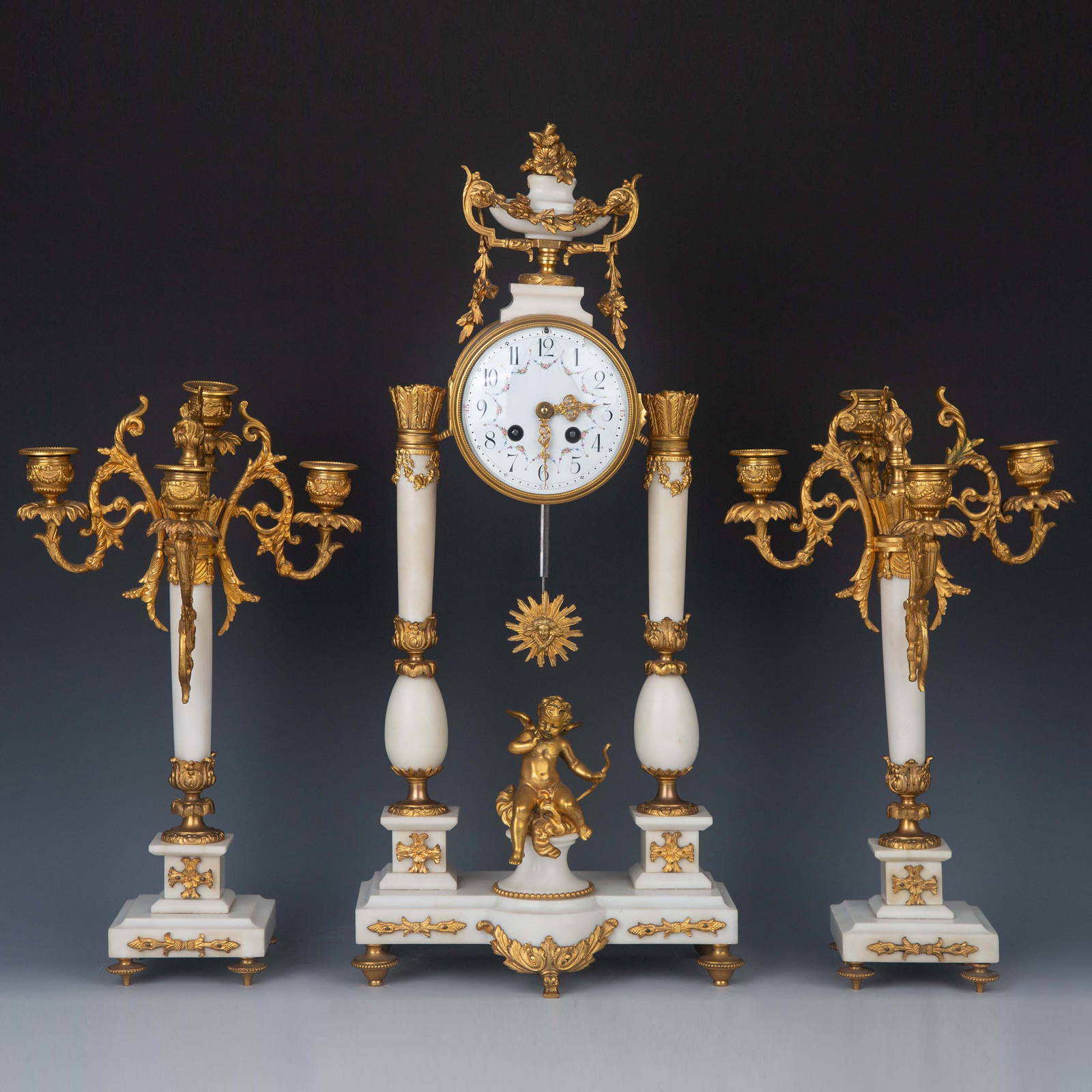 Set Of French White Jade Gilt Angel Mantel Clock Candlestick, 18th ...