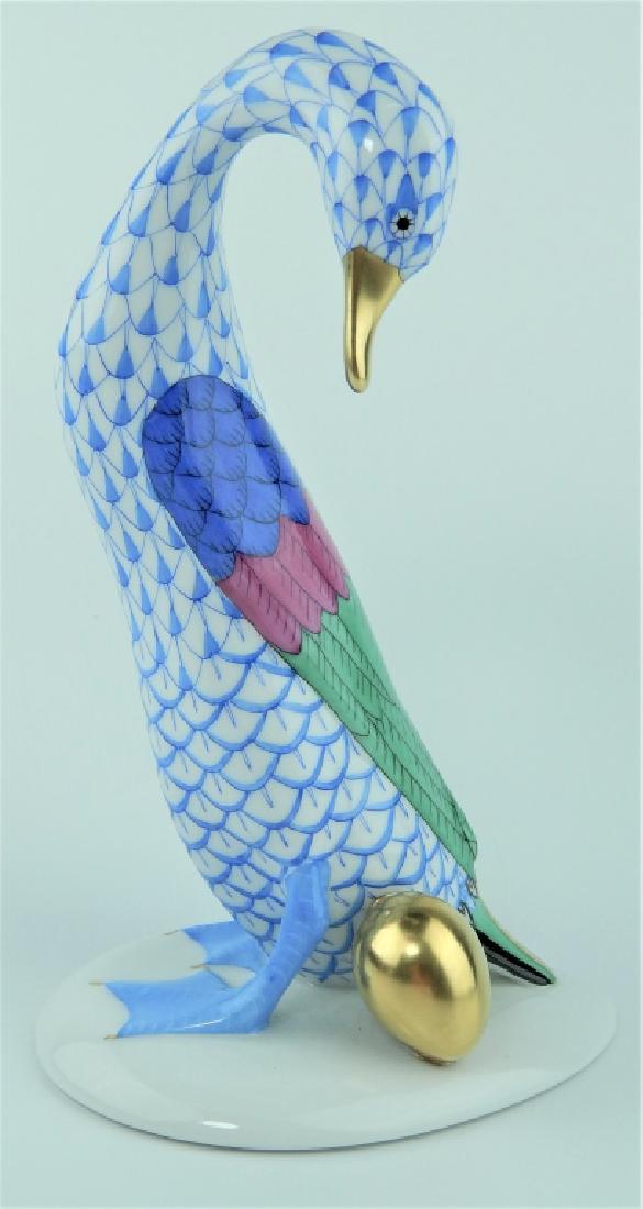 HEREND PORCELAIN BLUE FISHNET GOOSE w GOLDEN EGG