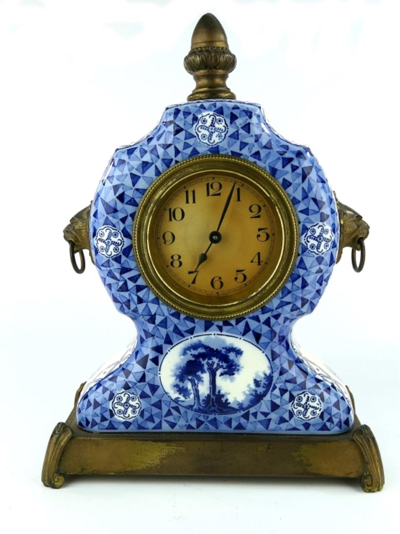 GERMAN BLUE & WHITE PORCELAIN MANTLE CLOCK