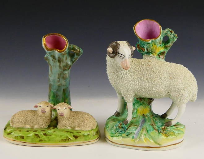 Original 19th.c Staffordshire Pr Sheep Vases