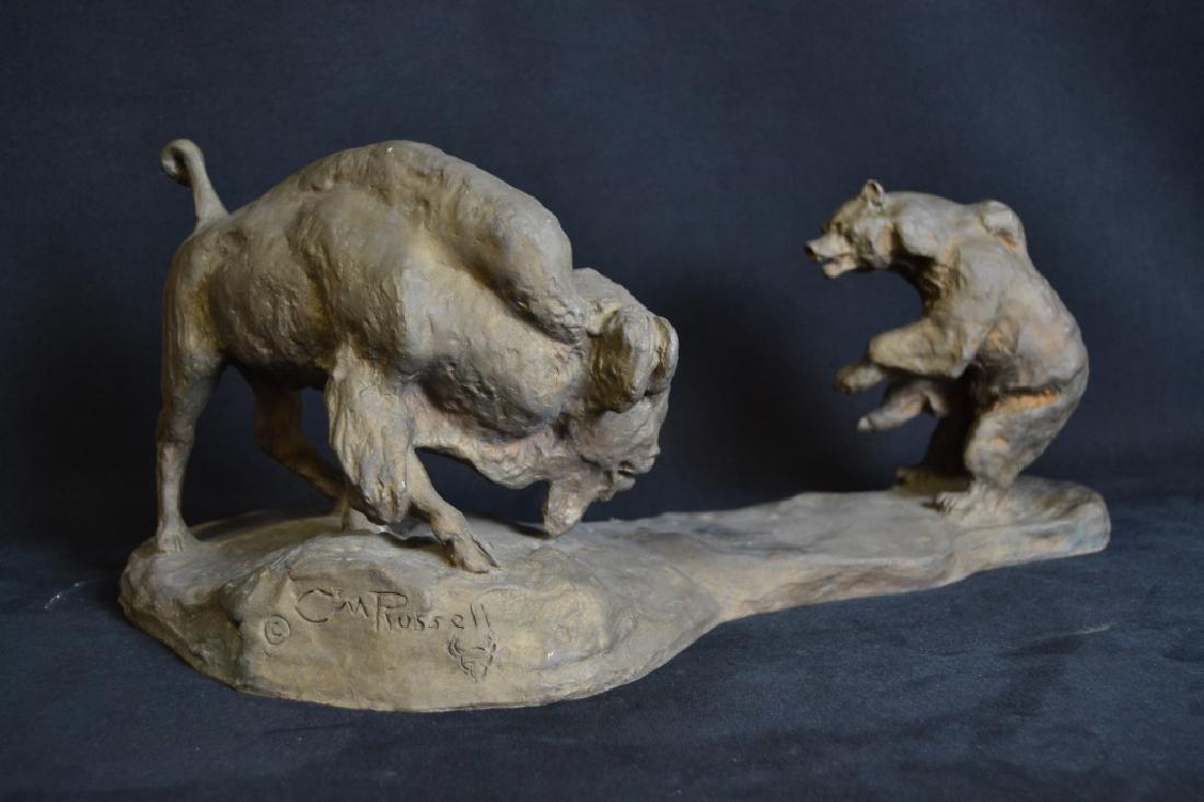 C.W. RUSSELL BUFFALO & BEAR BRONZE STATUE