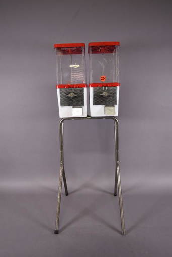Vintage 25 Cent Double Gumball Machine On Stand