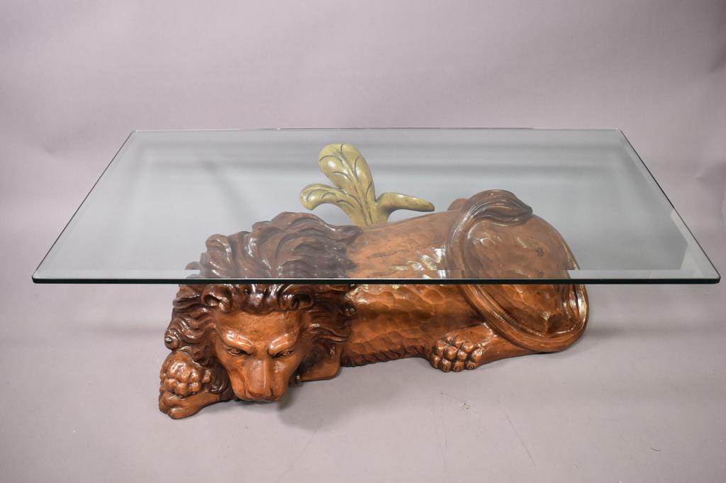 Wooden Carved Lion Coffee Table W/ Glass Top