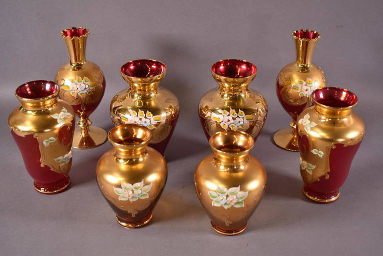 4 Pairs Of Enamel Decorated Ruby Glass Vases